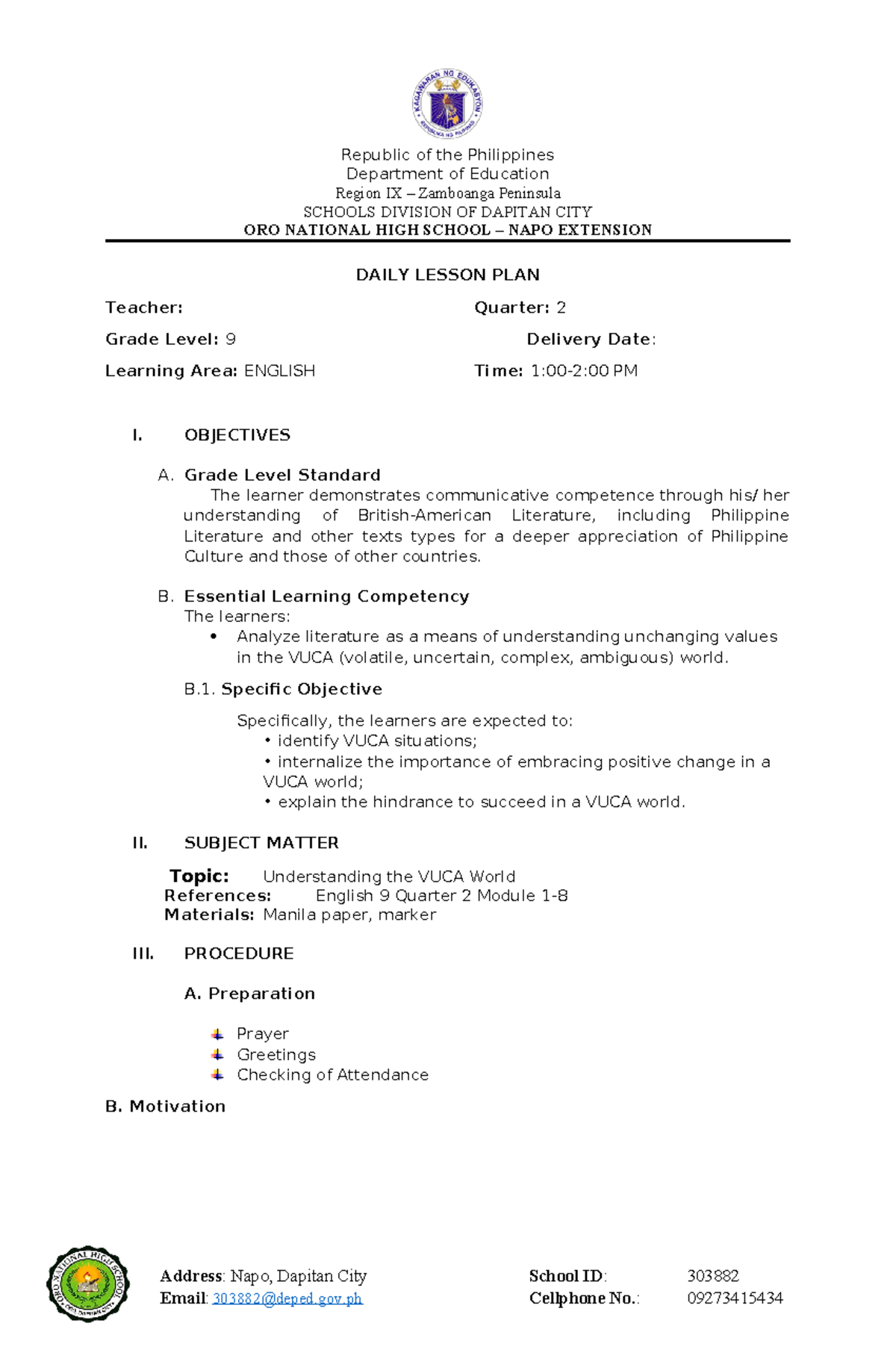 G9 Q2 Daily Lesson Plan: Understanding the VUCA World - Studocu