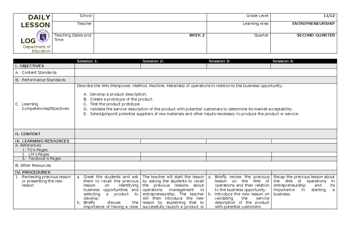 Entrep Q2 WEEK 2 - Daily Lesson Log on 4Ms of Entrepreneurship - Studocu