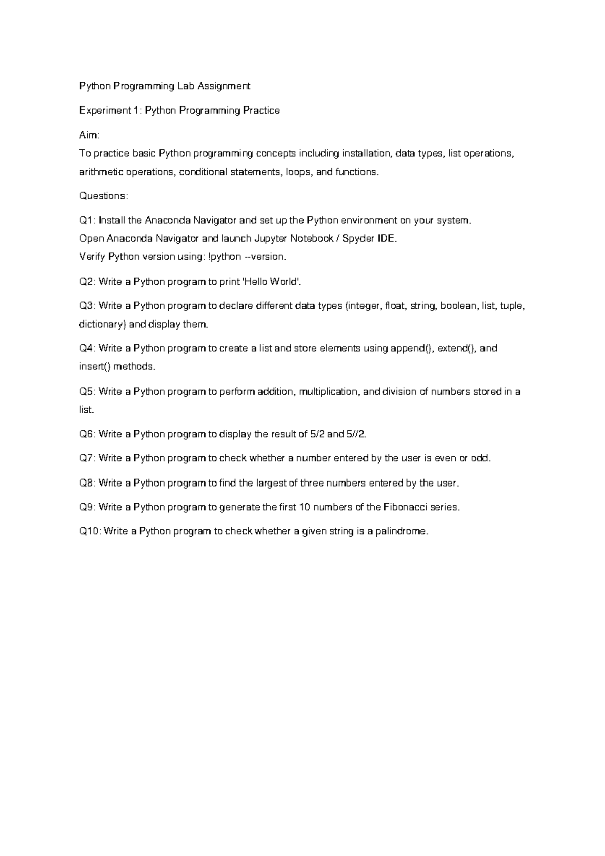 Python Programming Lab Assignment: Experiment 1 Overview - Studocu