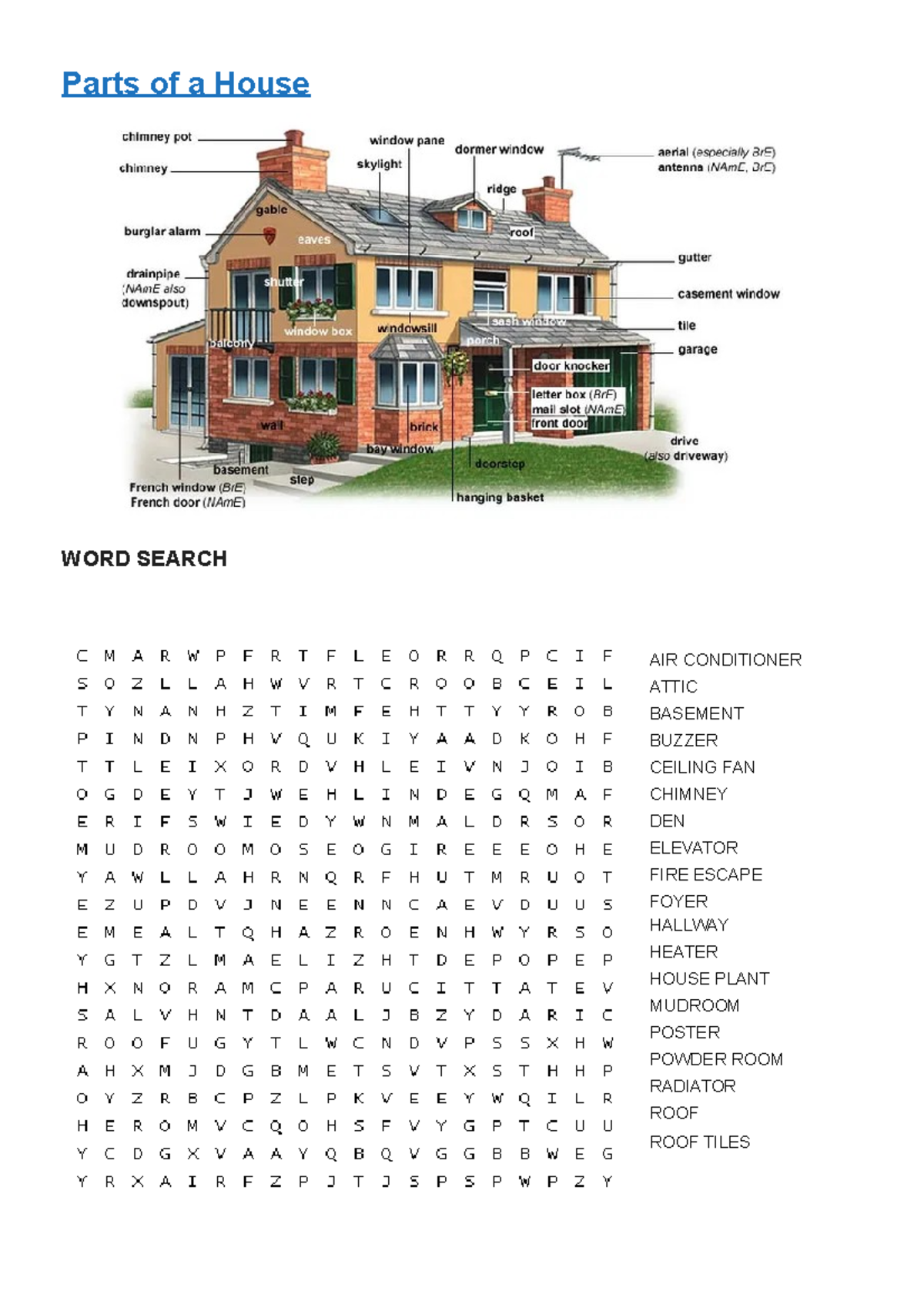 Parts of a House Worksheet: Word Search & Matching Activities - Studocu