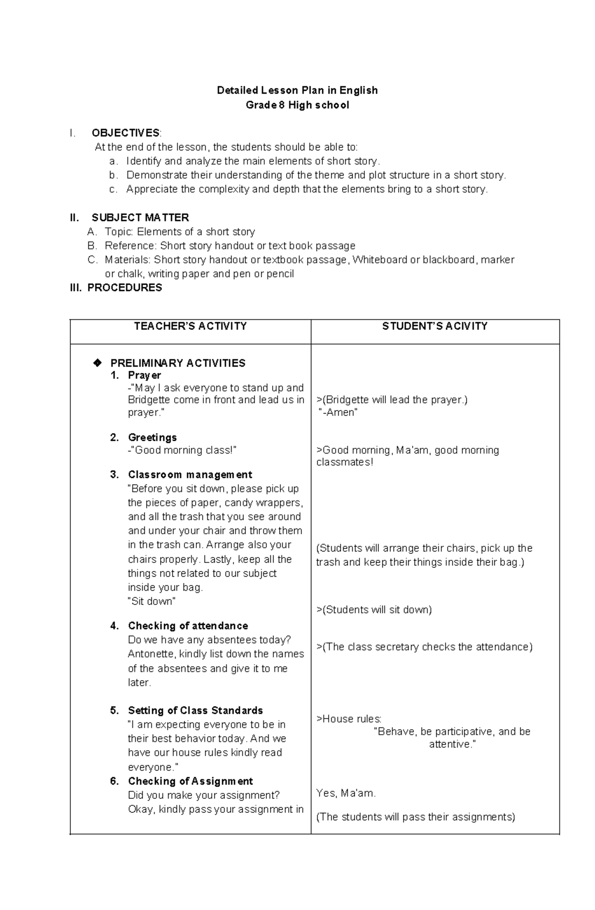 Grade 8 English Lesson Plan: Understanding Short Story Elements - Studocu