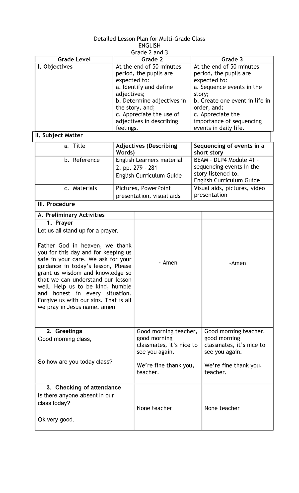 Multi-Grade Lesson Plan for ENGLISH: Adjectives & Sequencing Activities ...