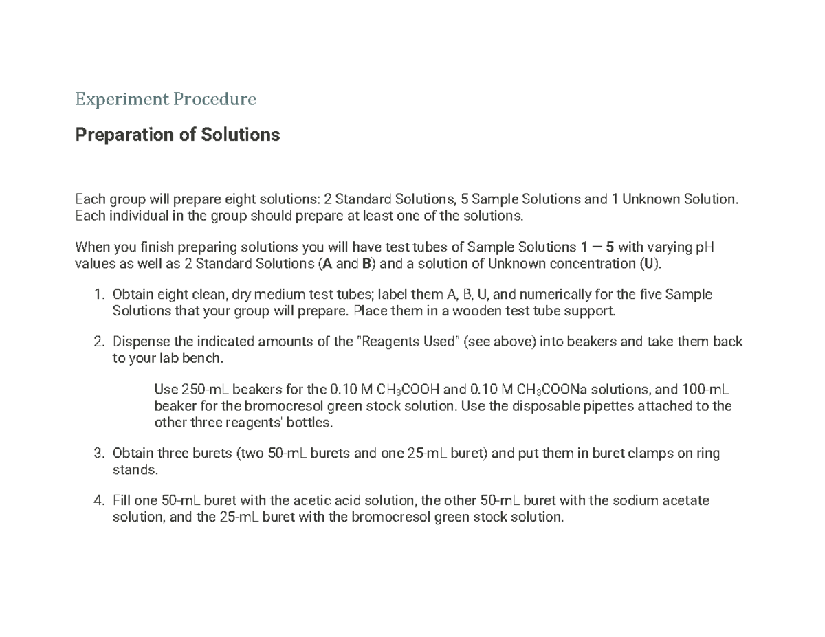 Preparation of Solutions and Absorbance Measurement Procedure (Chem 101 ...