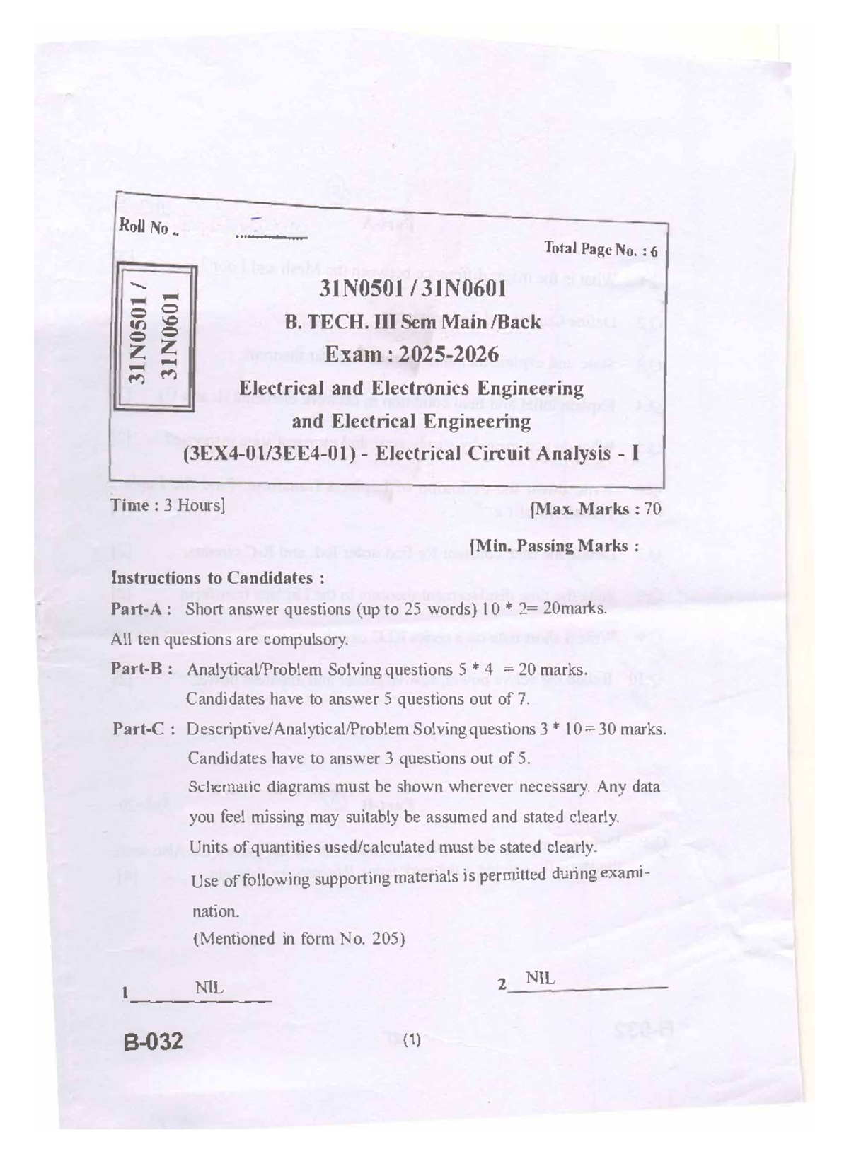 Electrical Circuit Analysis I - 3EE401 Exam Instructions and Format - Studocu