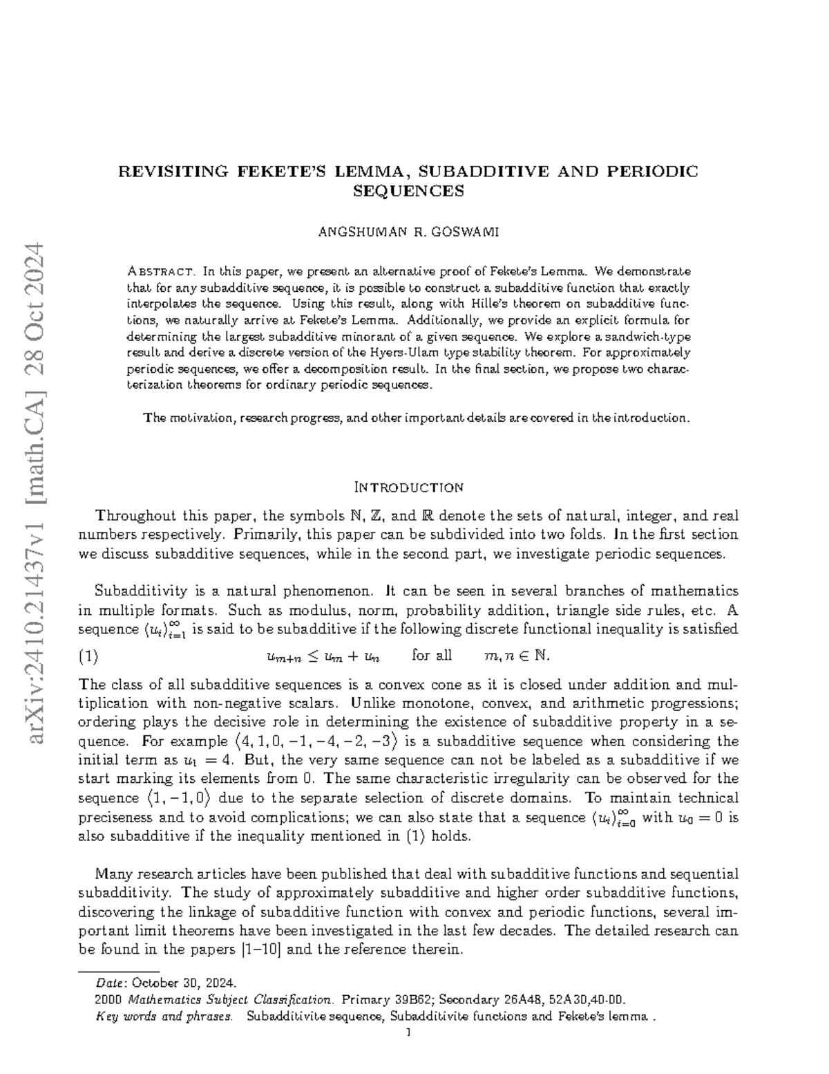 REVISITING LEMMA: SUBADDITIVE & PERIODIC SEQUENCES (MATH 2410) - Studocu