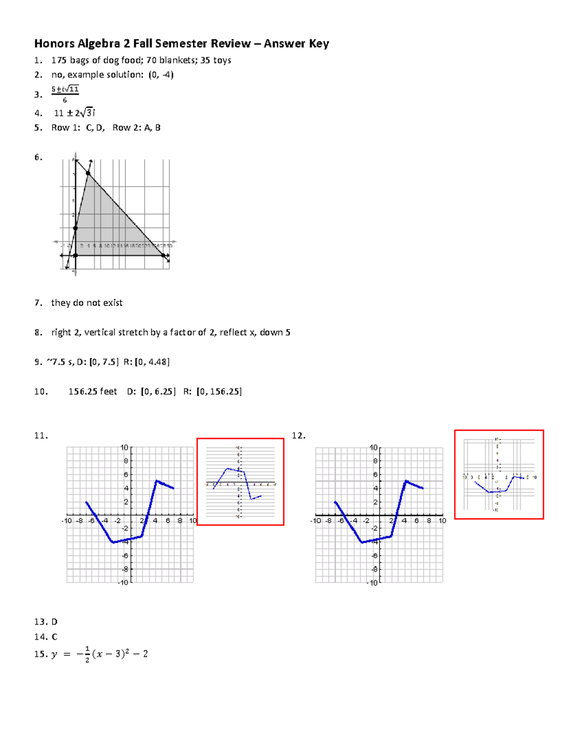 Fall final exam review ans - Honors Algebra 2 Fall Semester Review ...