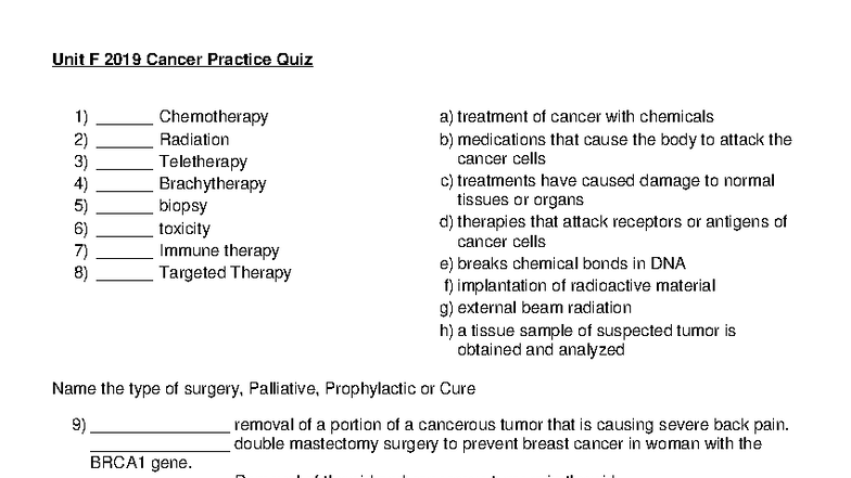 Unit F 2019 Cancer Practice Quiz: Treatments & Safety Measures - Studocu