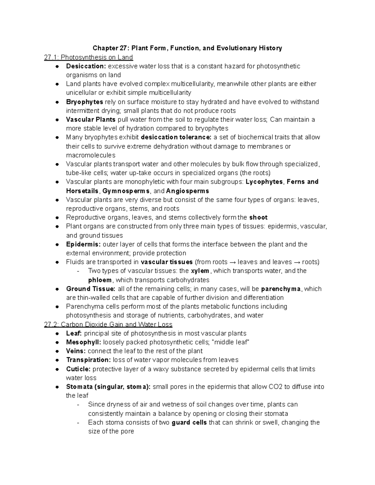 Biology 1108 Chapter 27 Notes - Chapter 27: Plant Form, Function, and ...