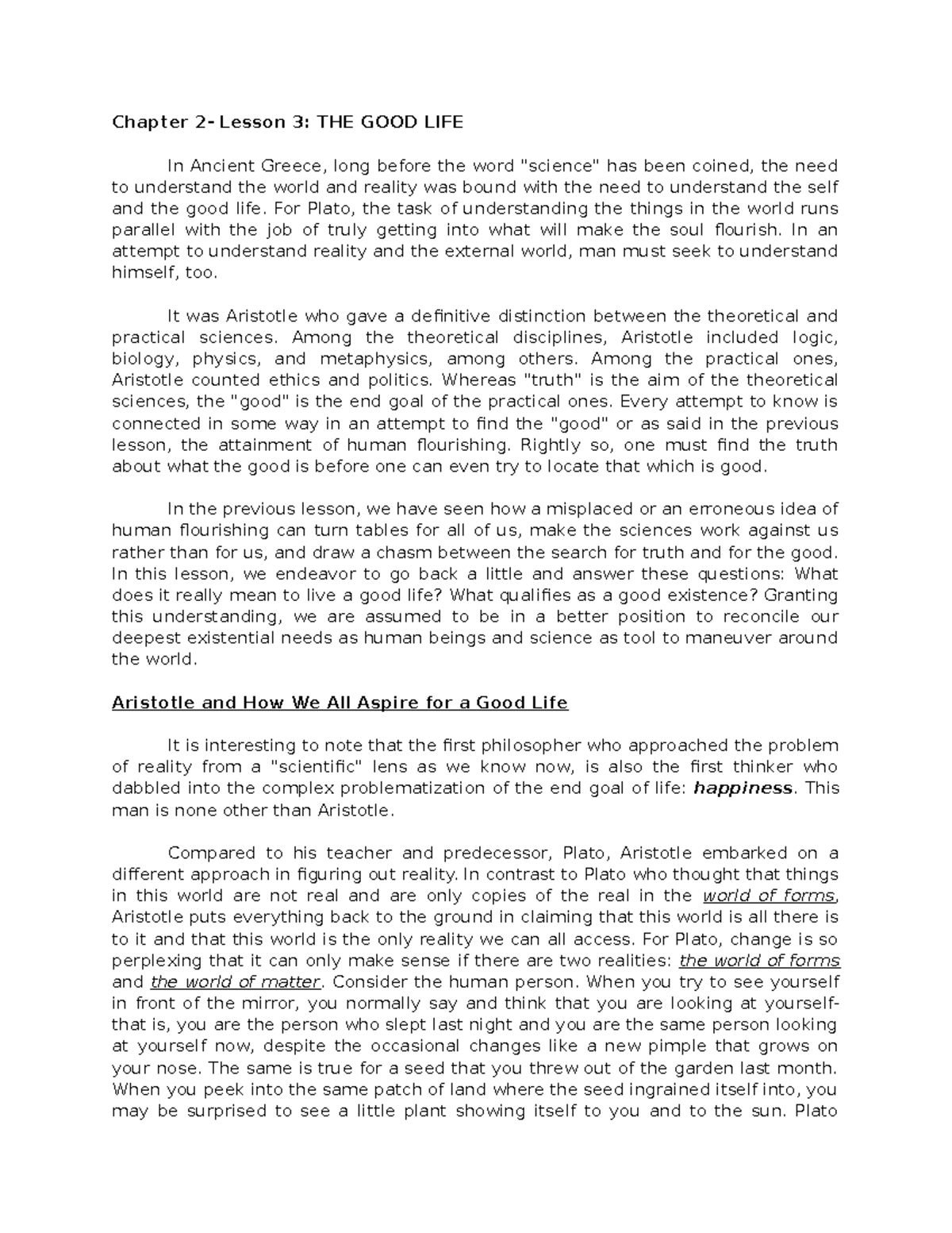 STS THE GOOD LIFE - Chapter 2- Lesson 3: THE GOOD LIFE In Ancient ...