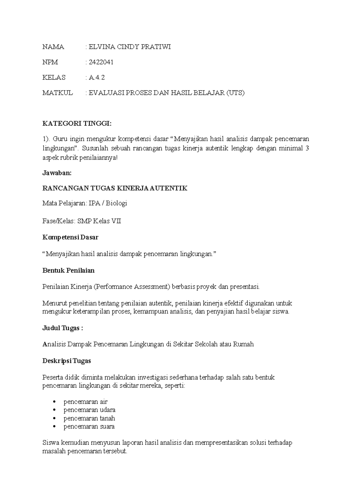 Rancangan Tugas Kinerja Autentik UTS Evaluasi Proses dan Hasil Belajar ...