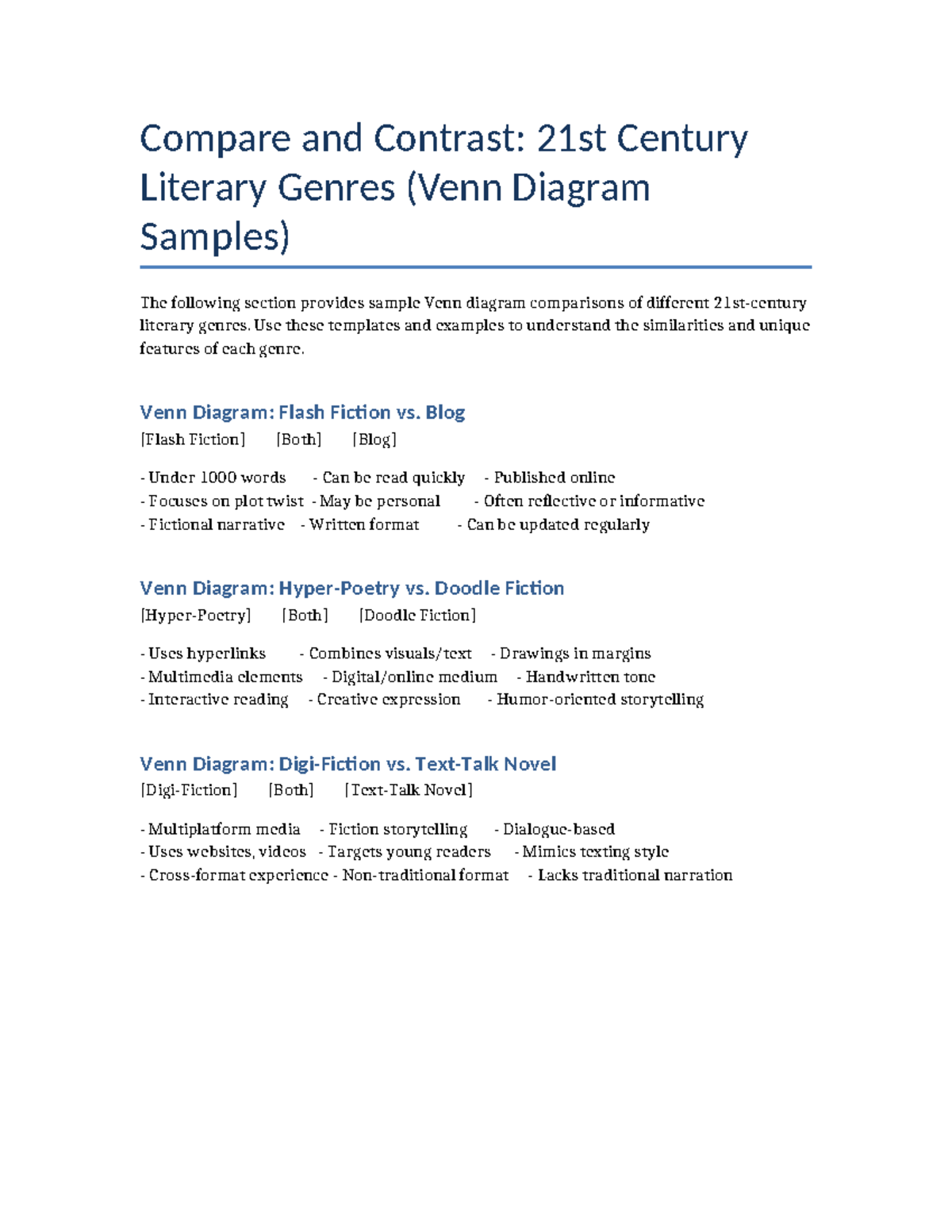 Venn Diagram Comparisons of 21st Century Literary Genres - Studocu