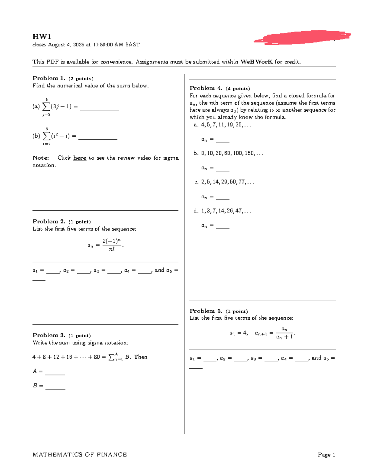 MAA00B1 2025 - HW1 Practice on Sequences and Functions - Studocu