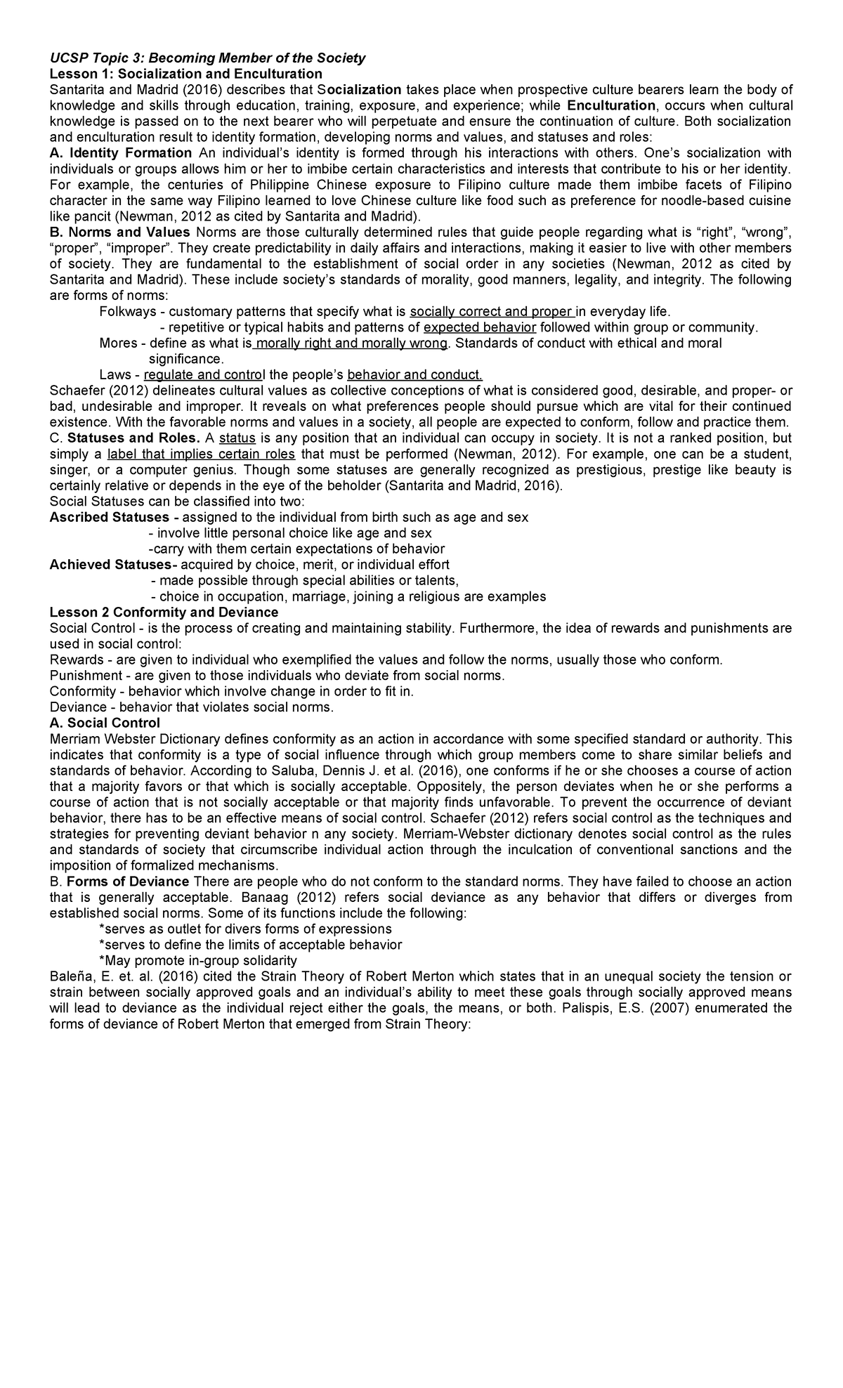 UCSP Topic 3: Socialization, Deviance, and Human Rights Overview - Studocu