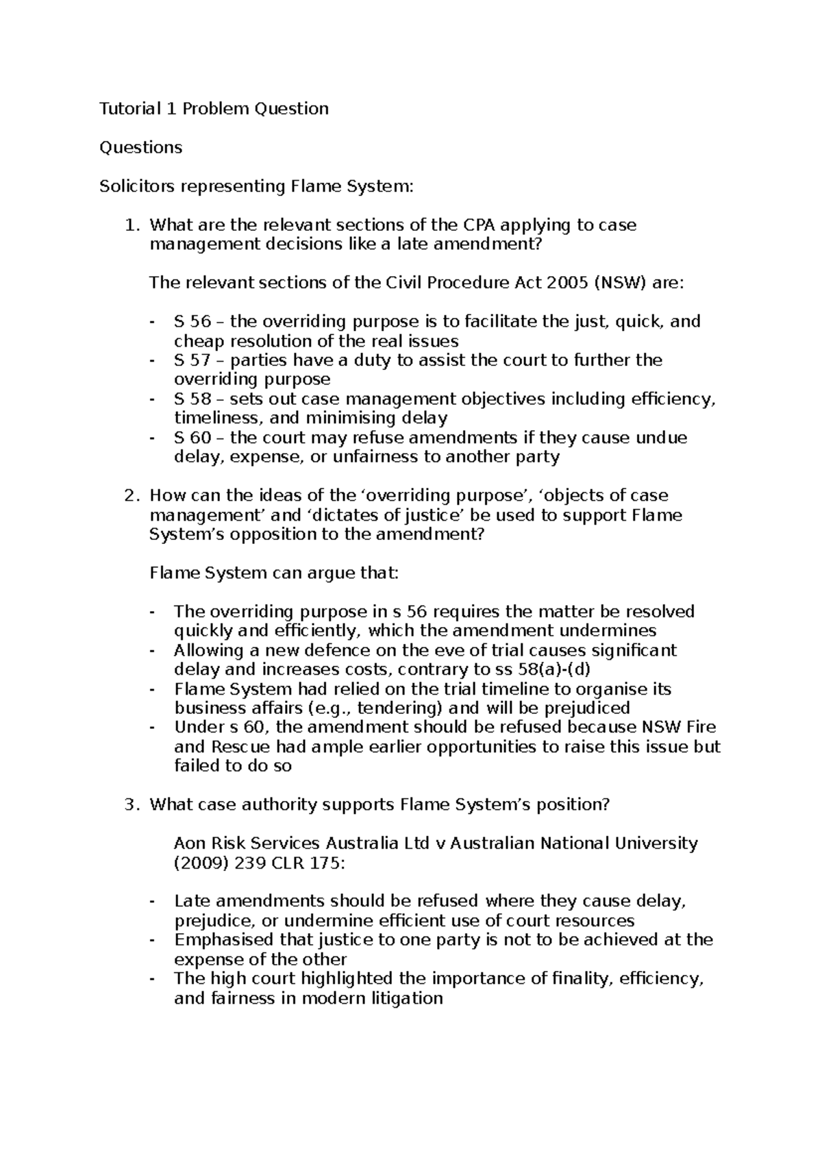 Tutorial 1: Case Management Issues in Flame System v. NSW Fire - Studocu