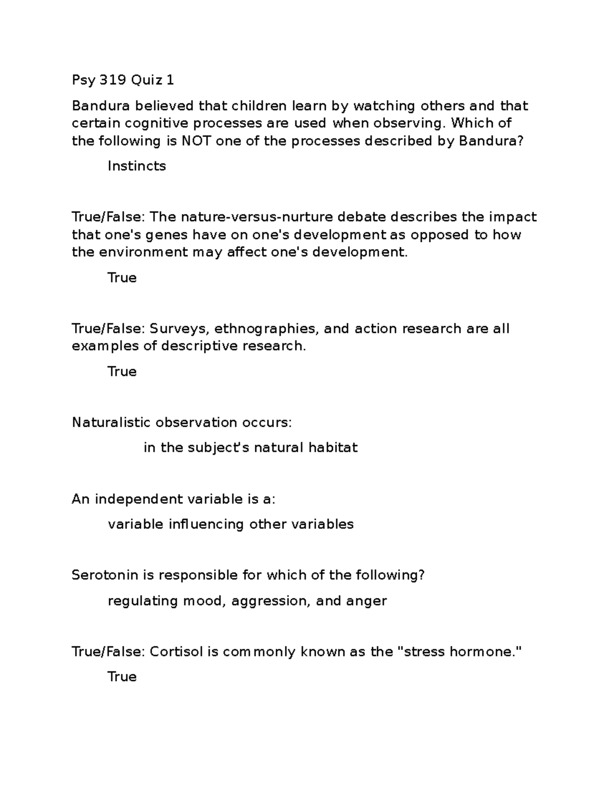 Psy 319 Quiz 1 - Key Questions and Answers Overview - Studocu