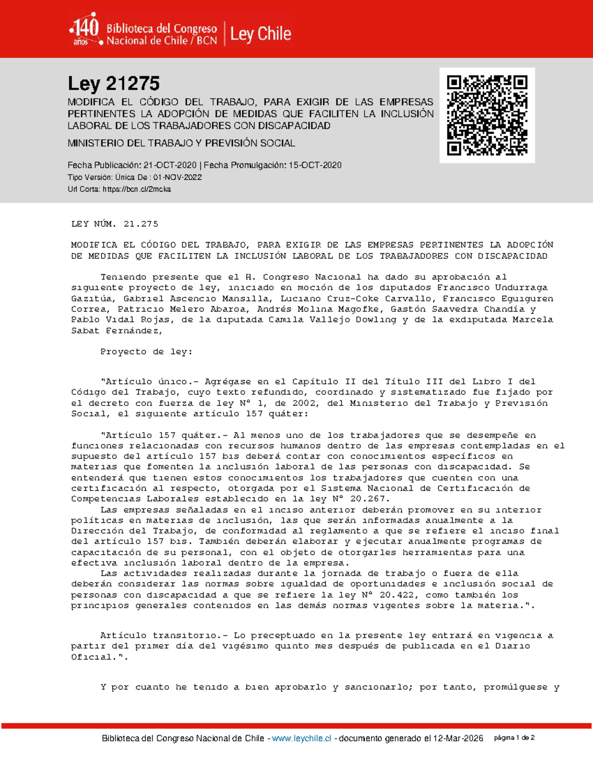 Ley 21275: Inclusión Laboral de Personas con Discapacidad - Studocu