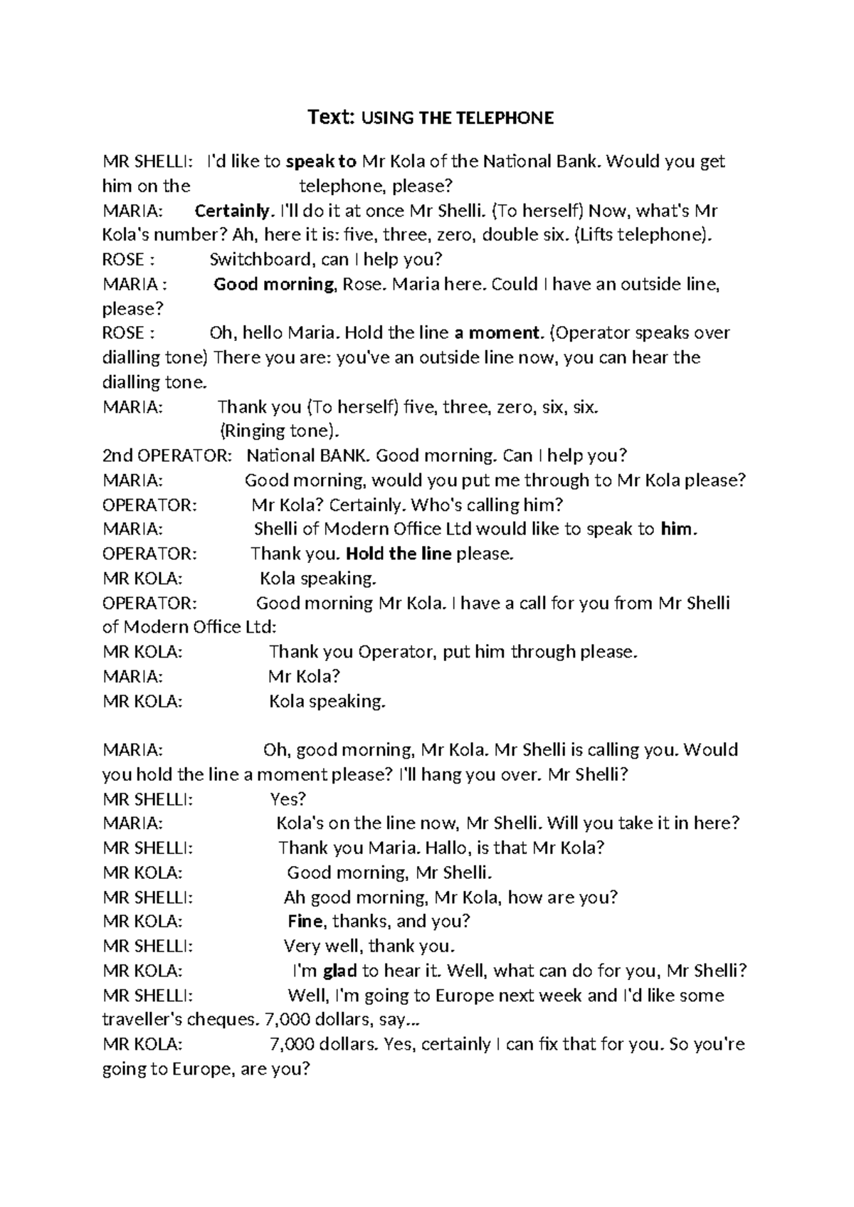 Using the Telephone: Dialogue Practice 1G1 - Studocu