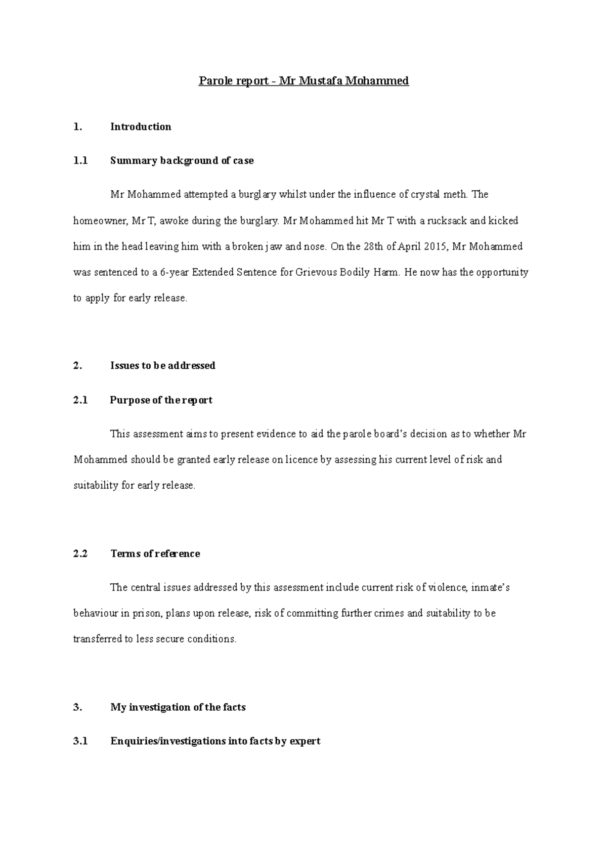 Parole Report for Mr. Mustafa Mohammed: Risk Assessment Analysis - Studocu