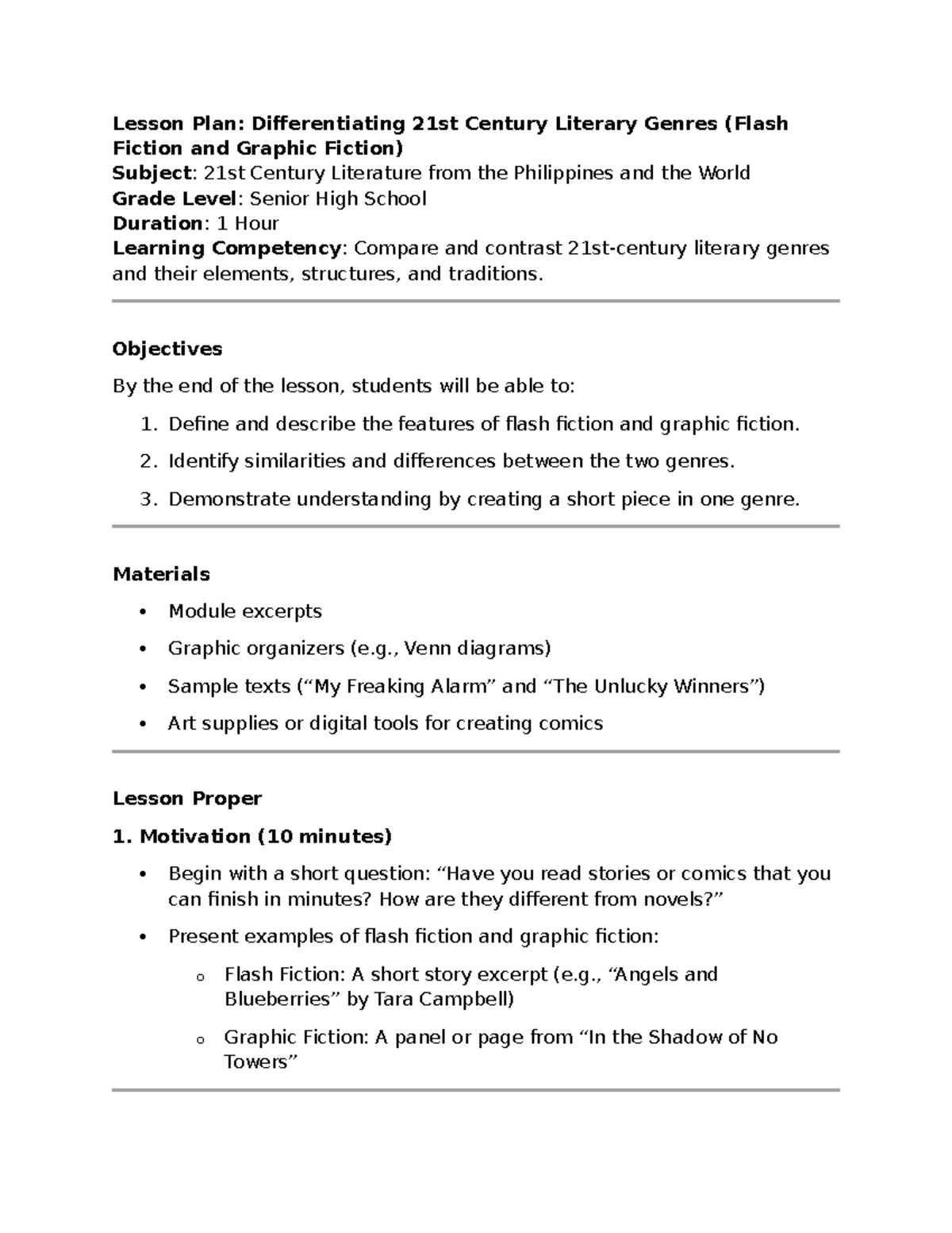 Genres Of Fiction Lesson Plan