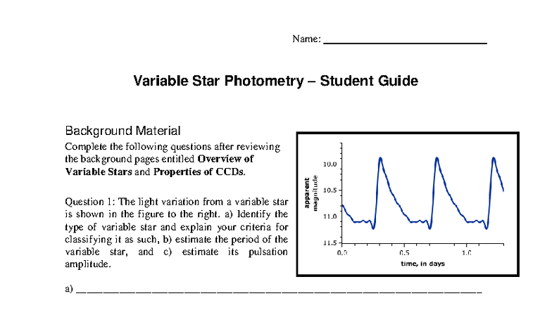 Lesson 6 Lab - Variable Star Photometry - Variable Star Photometry – Student Guide Background ...