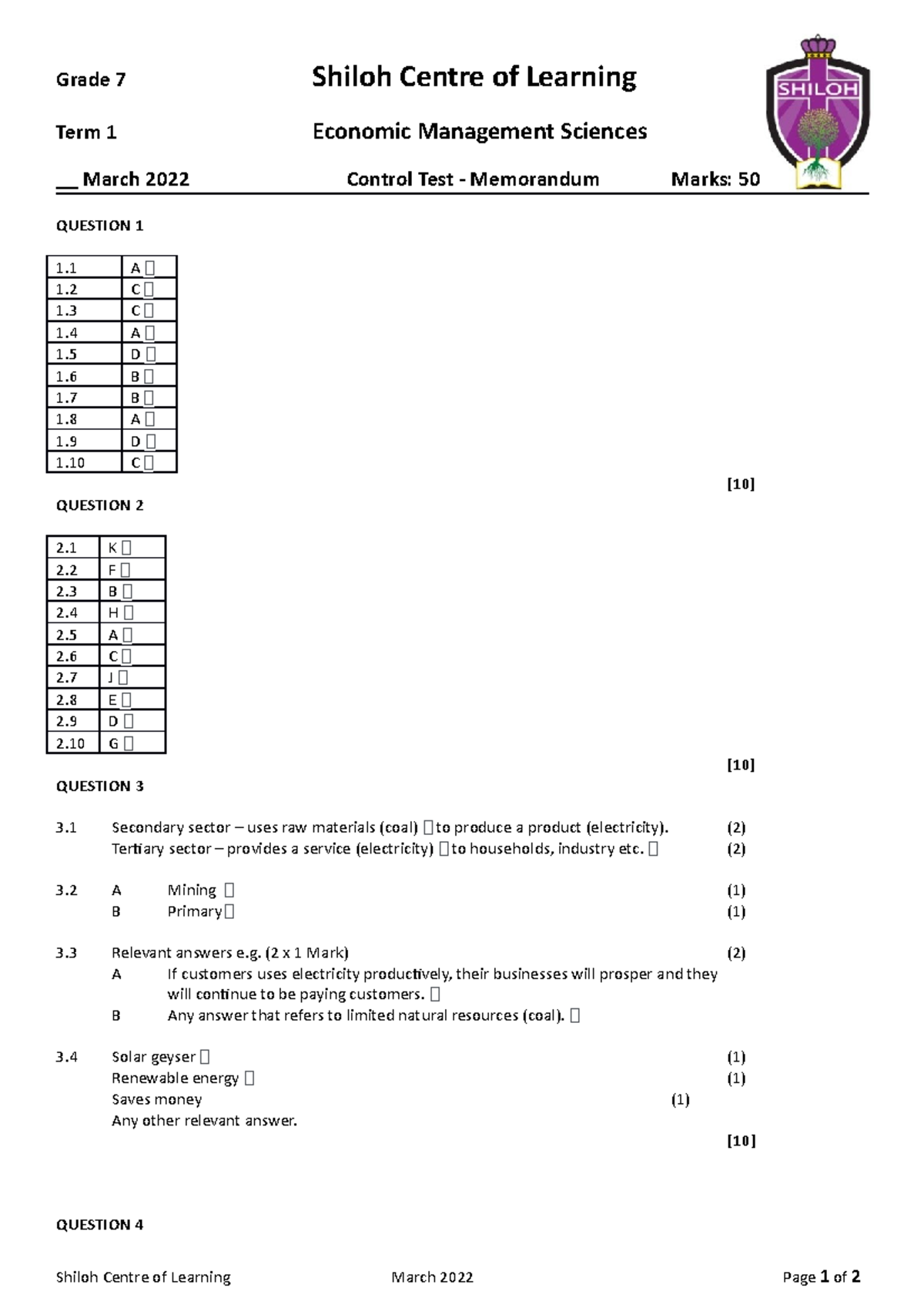 GR7 EMS TERM 1 Control TEST MEMO 2022 - Grade 7 Shiloh Centre of ...