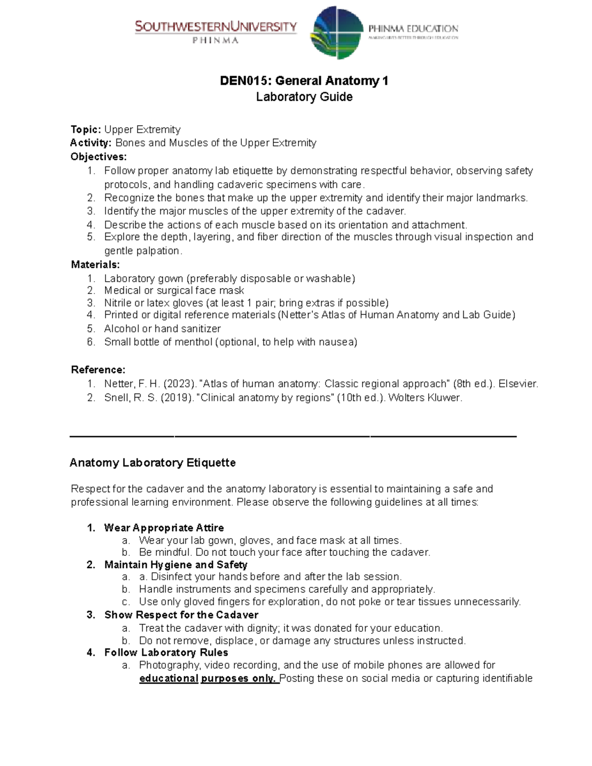 DEN015: Upper Extremity Lab Study Guide - Bones & Muscles - Studocu