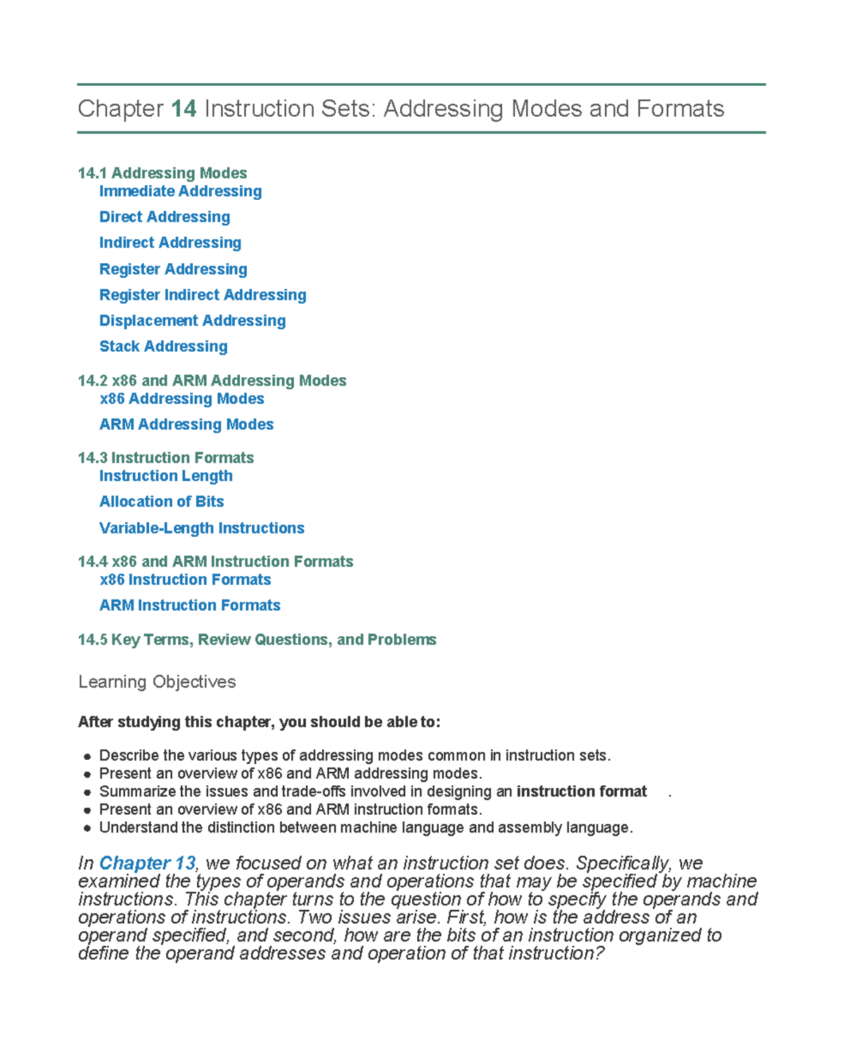 Chapter XIV - Instruction Sets; Addressing Modes and Formats - Chapter 14 Instruction Sets ...