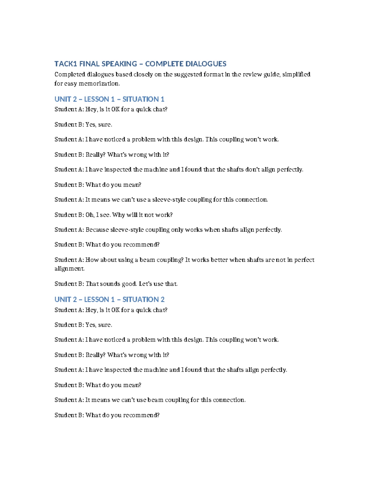 TACK1 Final Speaking Complete Dialogues and Scenarios - Studocu