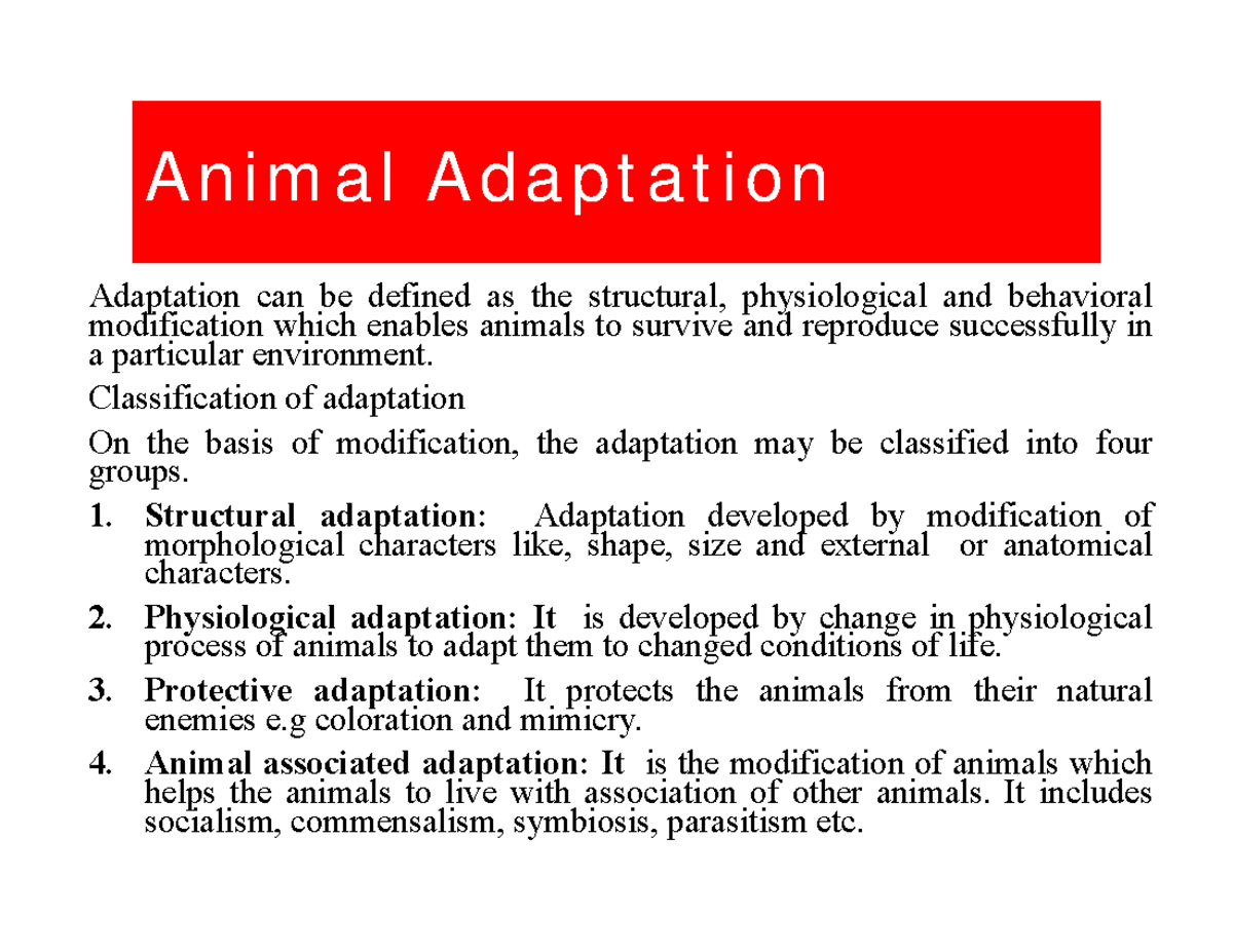 Animal Adaptation: Detailed Study for Class-11 Biology - Studocu