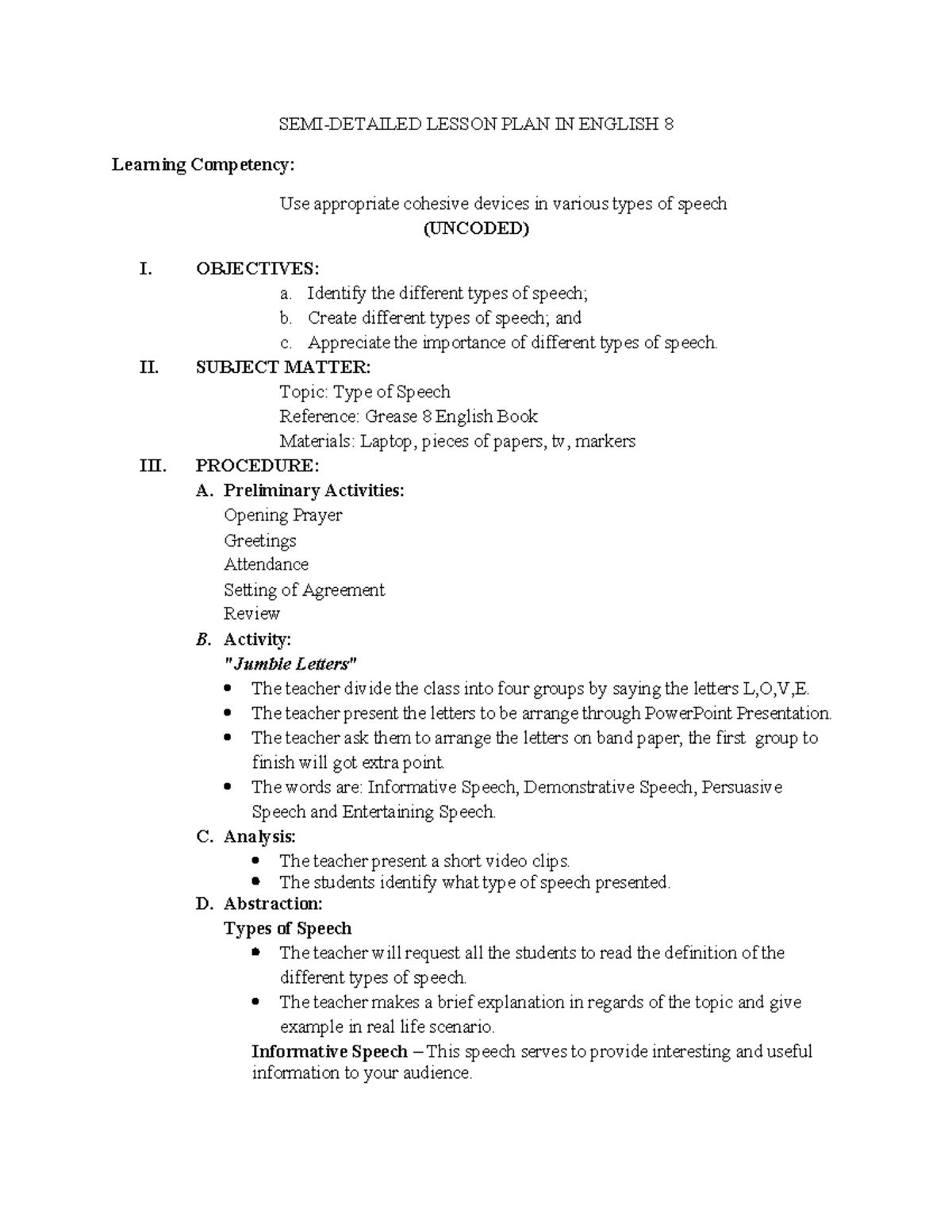 Semi-Detailed Lesson Plan: Understanding Types of Speech - ENG 8 - Studocu