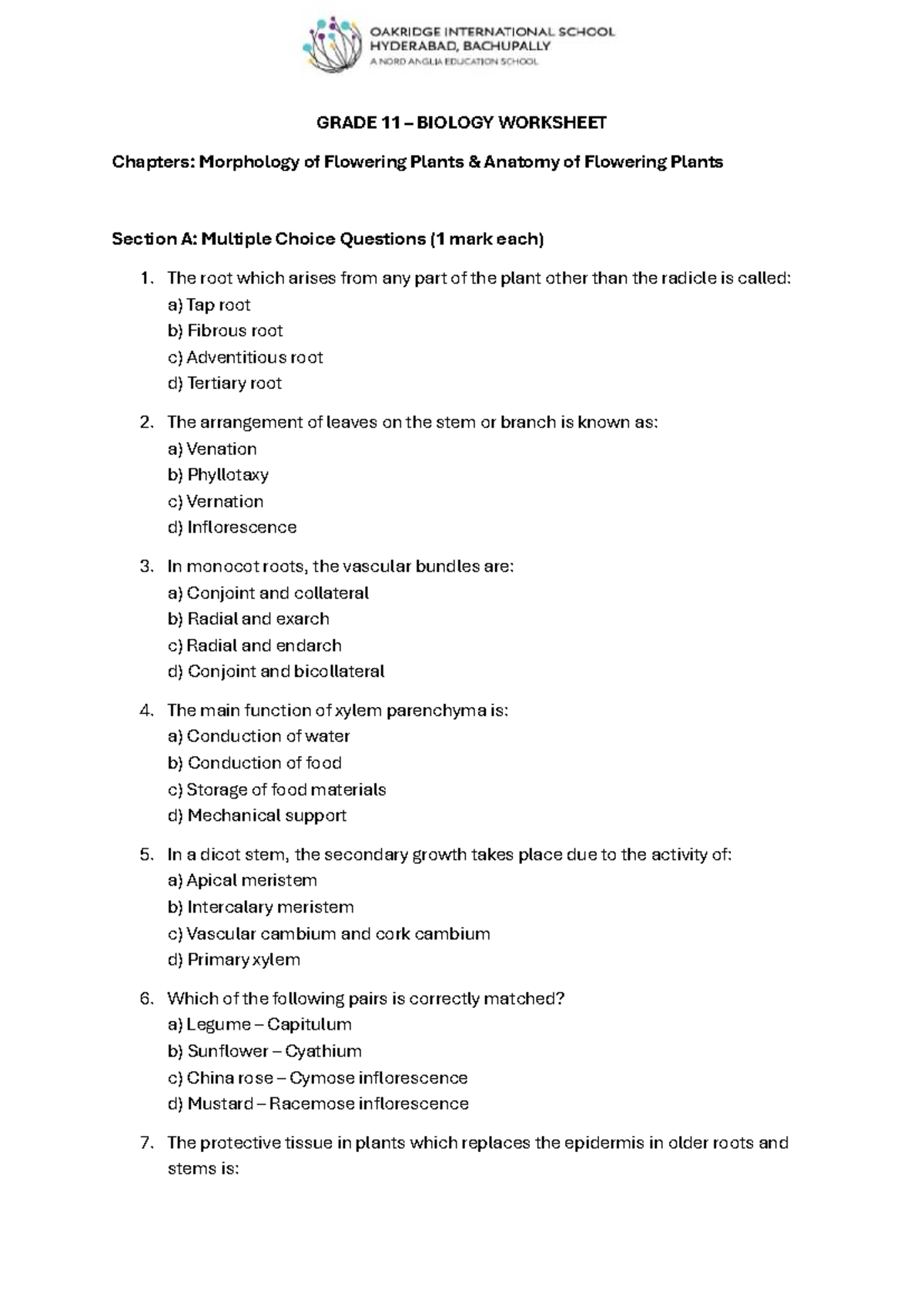 GRADE 11 BIOLOGY WORKSHEET: Morphology & Anatomy of Plants - Studocu