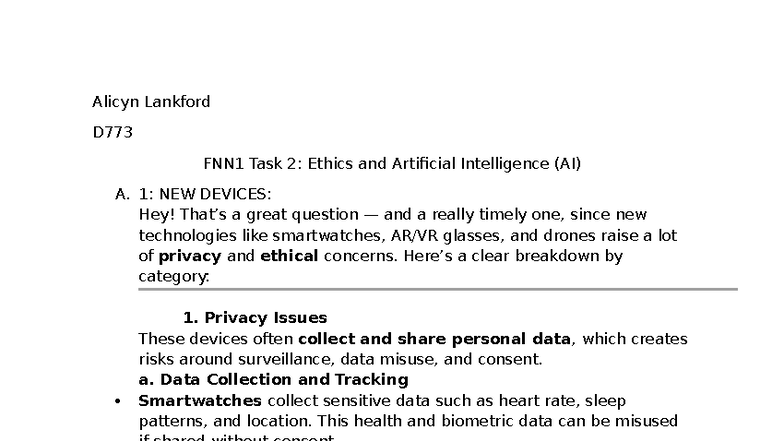 D773 Task 2: Ethics and Privacy Concerns in AI Devices - Studocu