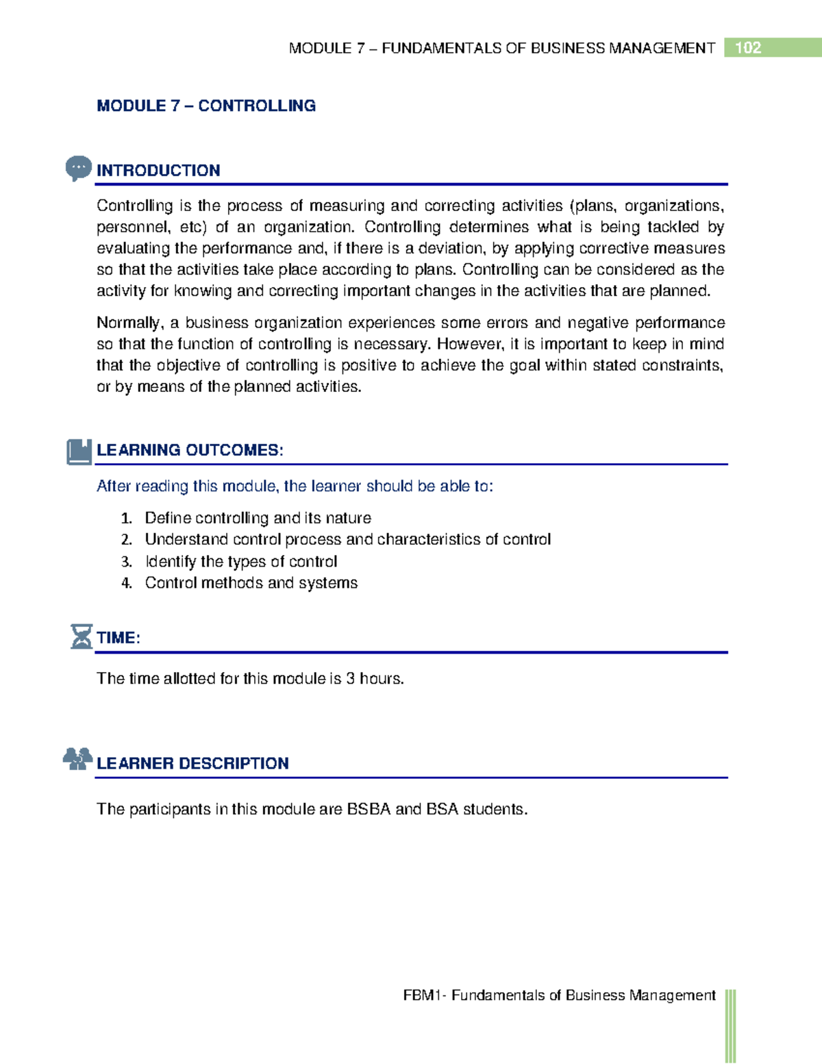 Module 7 Controlling - Business Management - MODULE 7 – FUNDAMENTALS OF ...