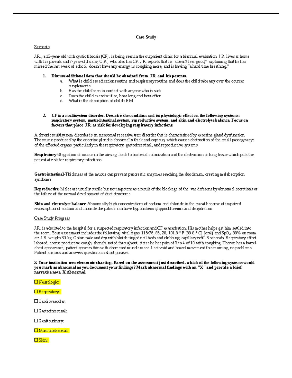 Case Study CF - Case Study Scenario J., a 13-year-old with cystic ...