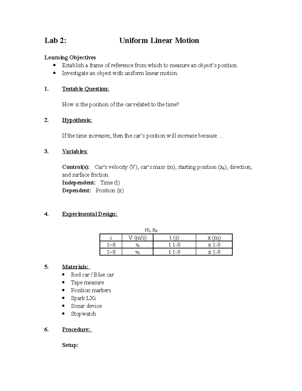 PHY111L Lab 2 Uniform linear motion 3 - Lab 2: Uniform Linear Motion Learning Objectives ...