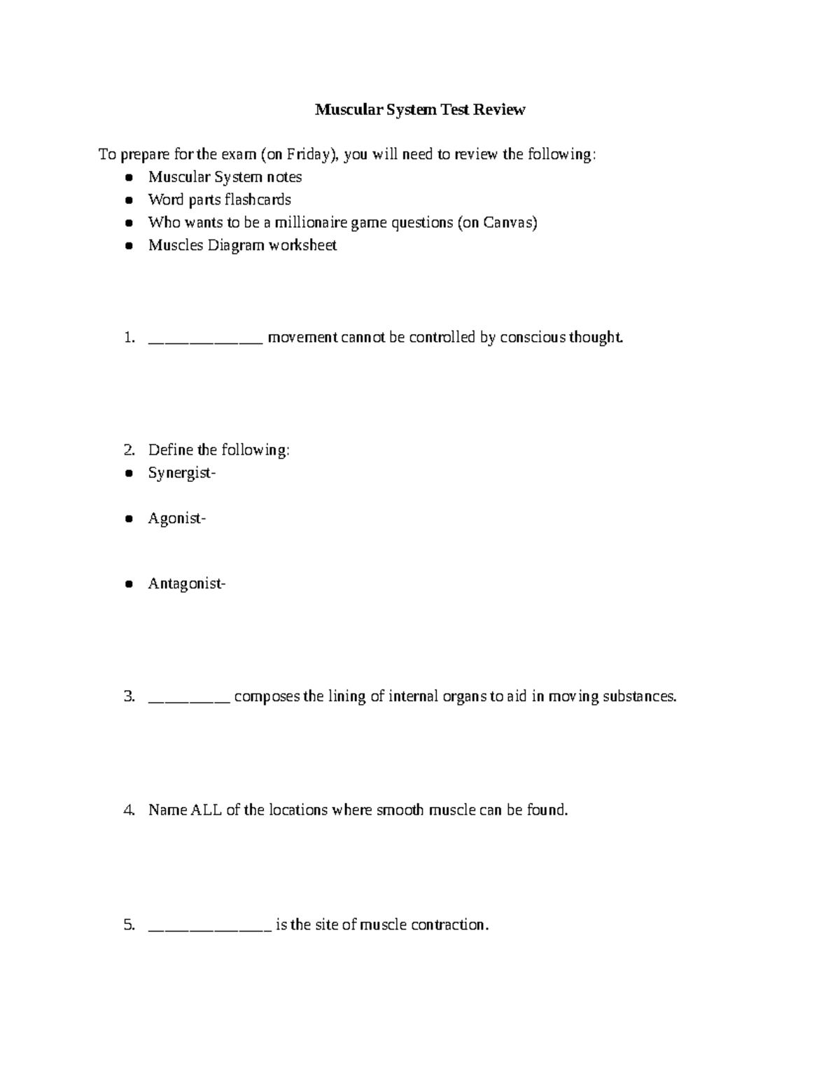 Muscular System Test Review Guide for Exam Preparation - Studocu
