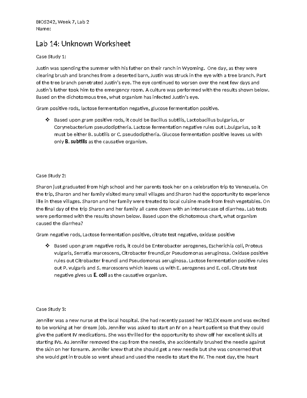 BIOS242 Week 7 Lab 14: Unknown Bacteria Identification Cases - Studocu