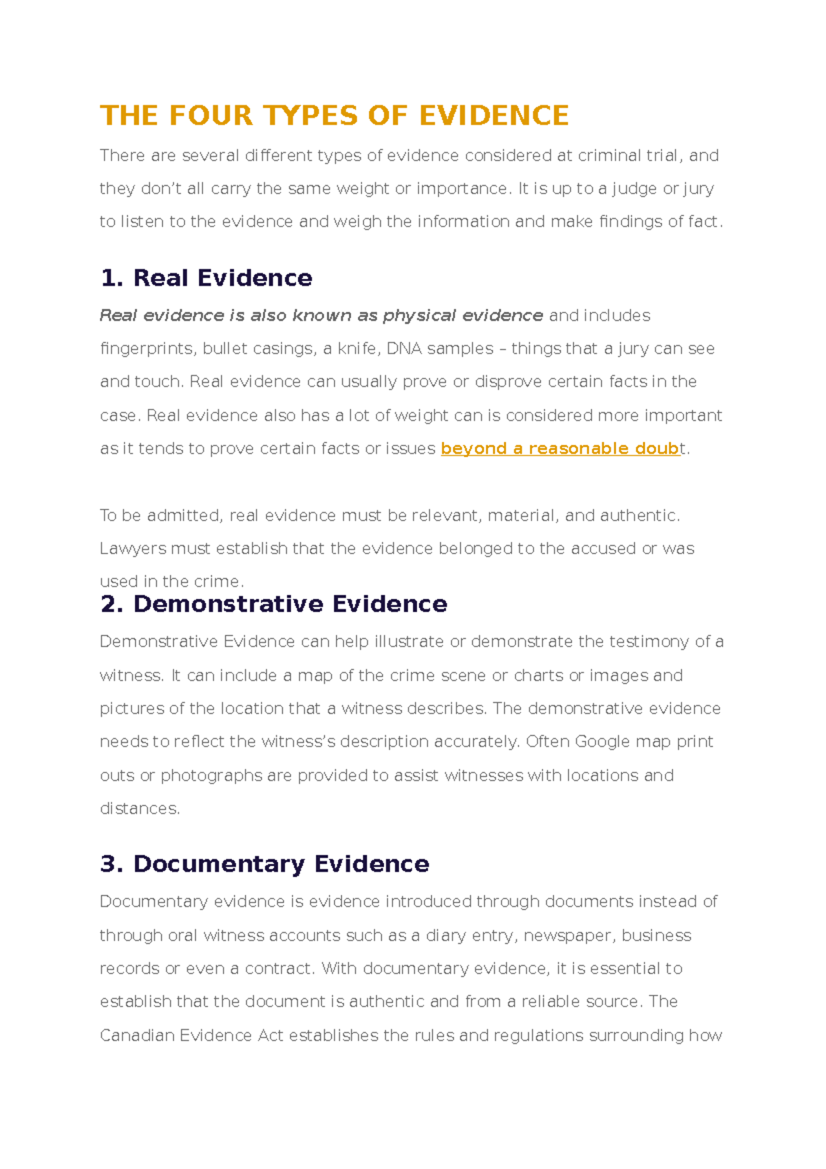 THE FOUR Types OF Evidence - THE FOUR TYPES OF EVIDENCE There are ...