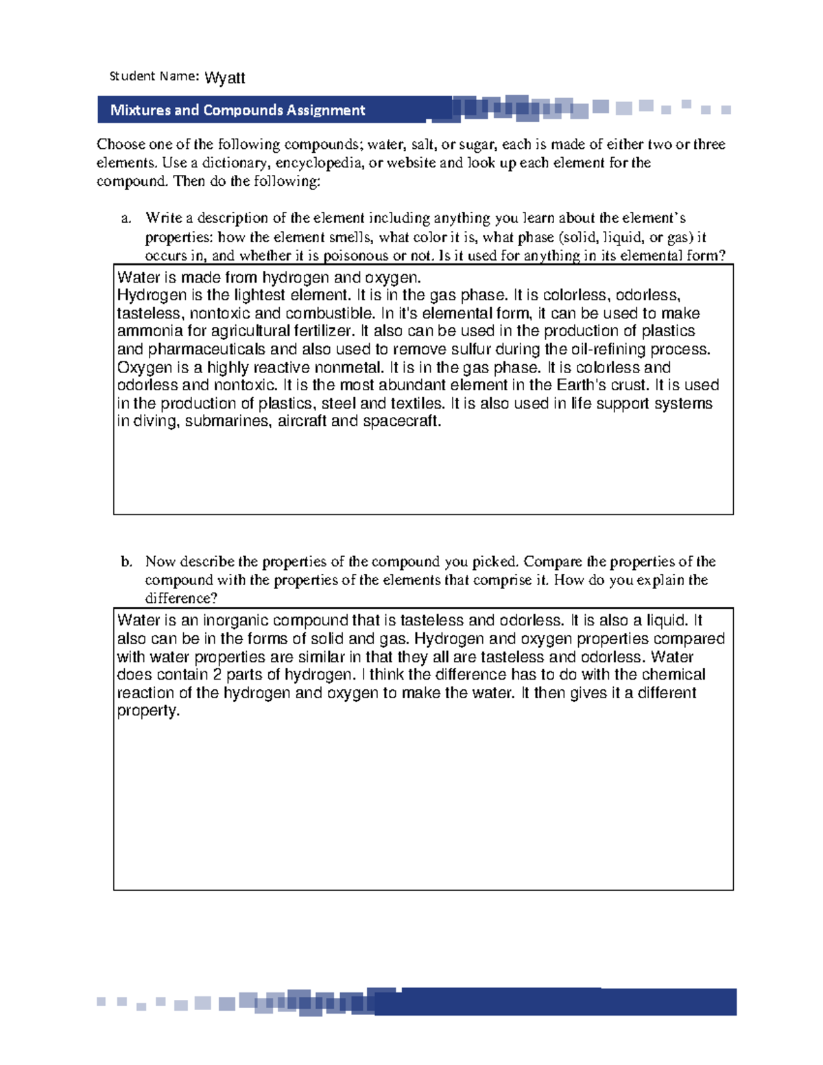 Mixtures and Compounds Assignment: Exploring Water, Salt, and Sugar ...