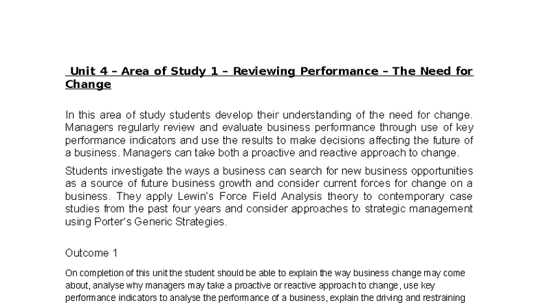 Unit 4 AOS 1: Business Change & Performance Review Insights - Studocu