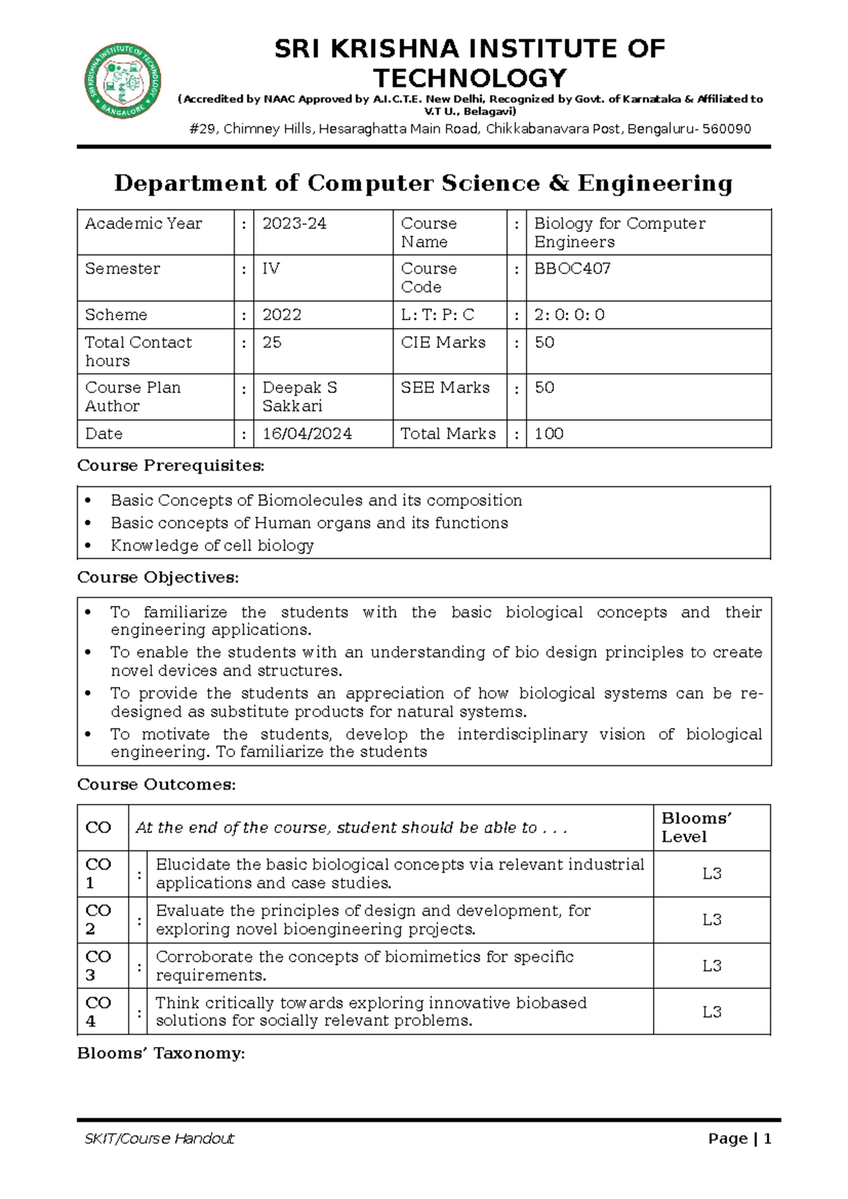 BBOC407 - Biology for Engineers Course Handout and Assessment Guide ...