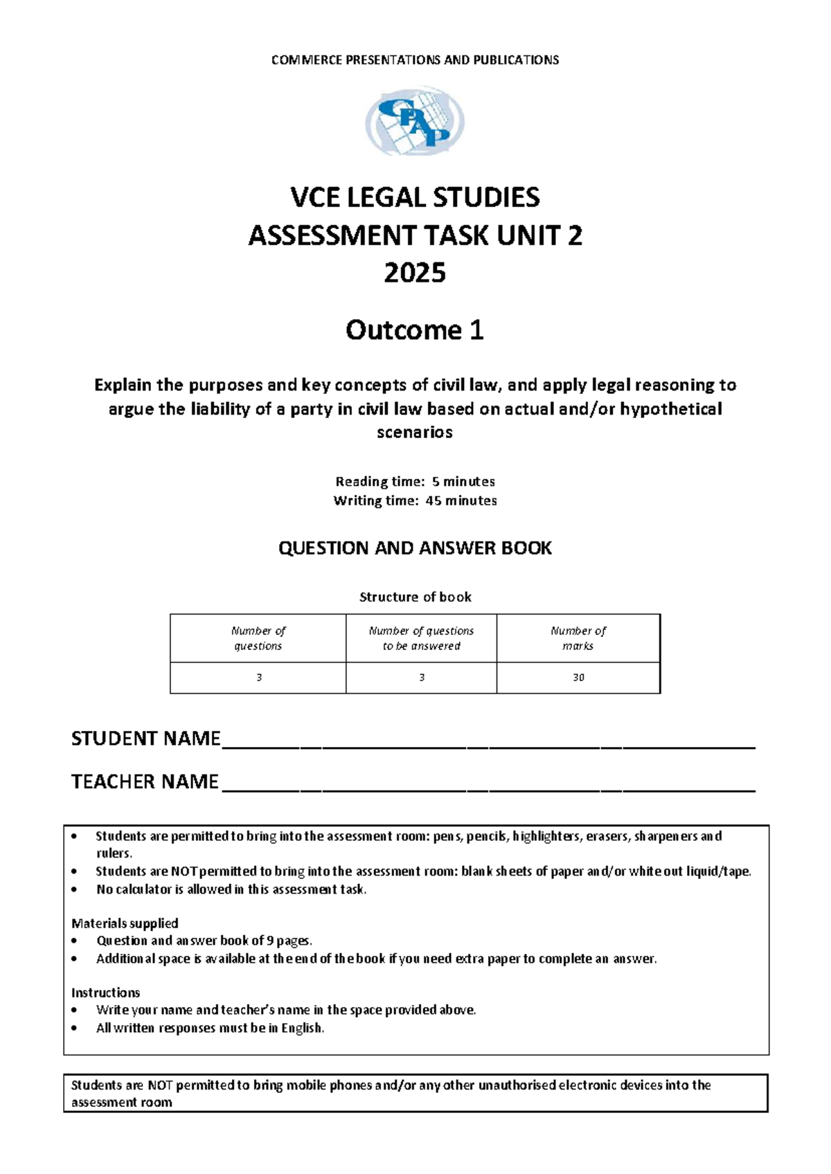 CPAP Legal Studies Unit 2 Outcome 1 2025 Questions unlocked - COMMERCE ...