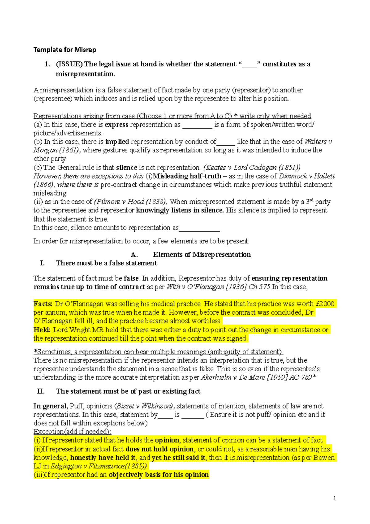 Template for Misrepresentation - Legal Analysis and Guidelines - Studocu