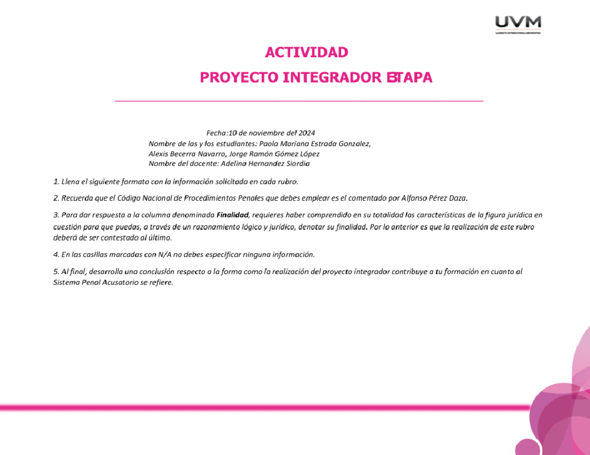 Proyecto etapa 3 procesal penal - UVM ACTIVIDAD PROYECTO INTEGRADOR BTAPA Fecha:10 de noviembre ...