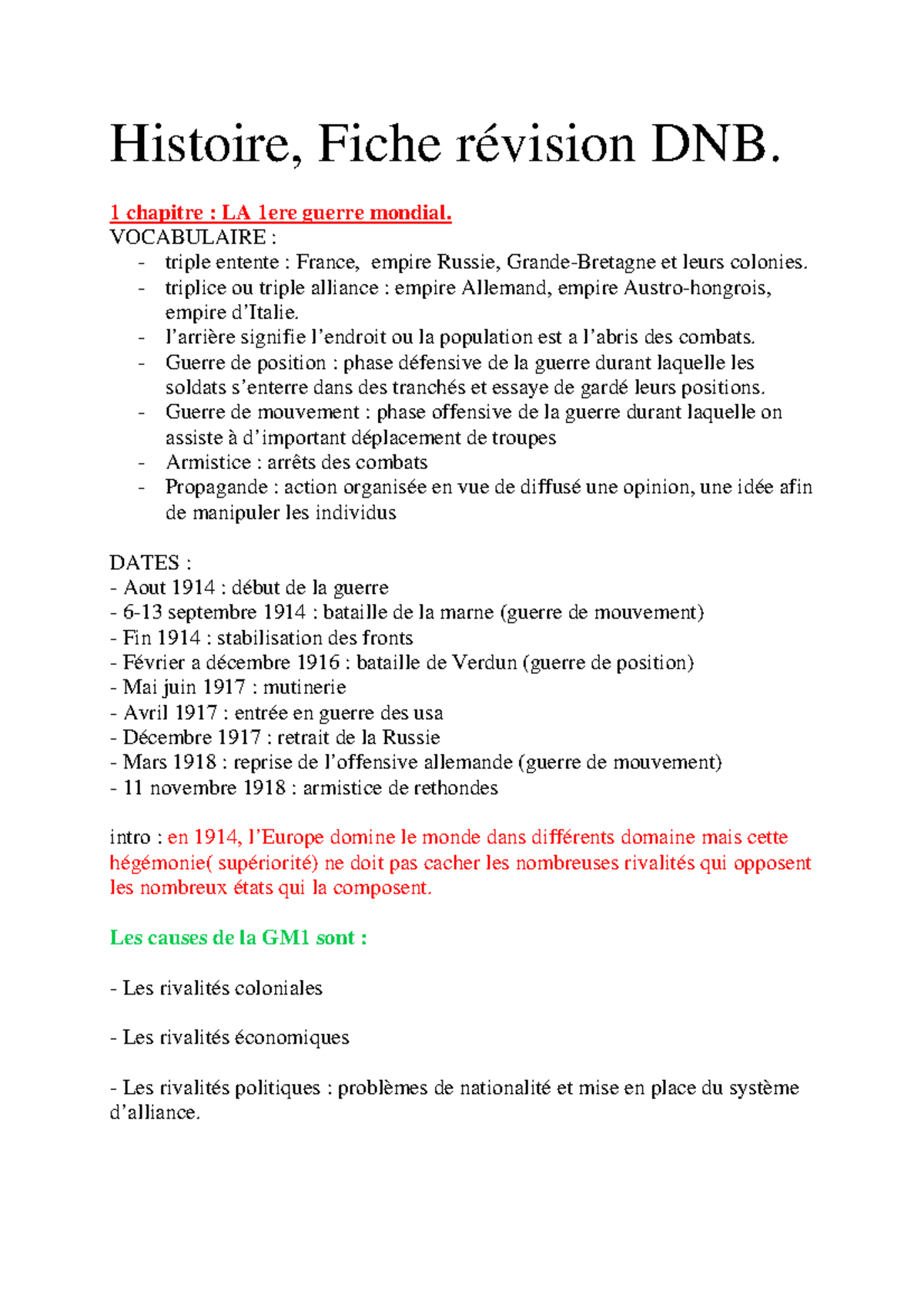 Révision DNB Histoire: 1ère Guerre Mondiale - Fiche de Synthèse 3ème ...