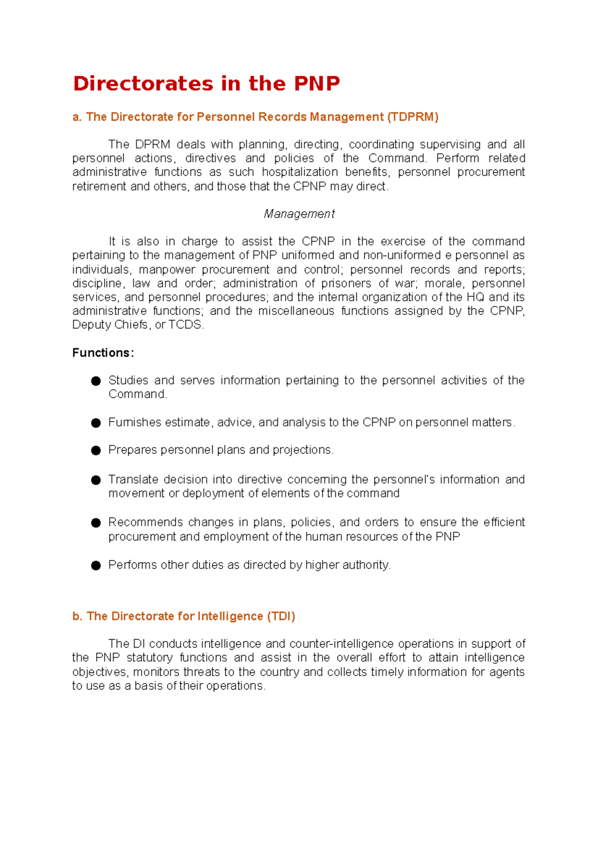LEA1 Overview of Directorates in the Philippine National Police - Studocu
