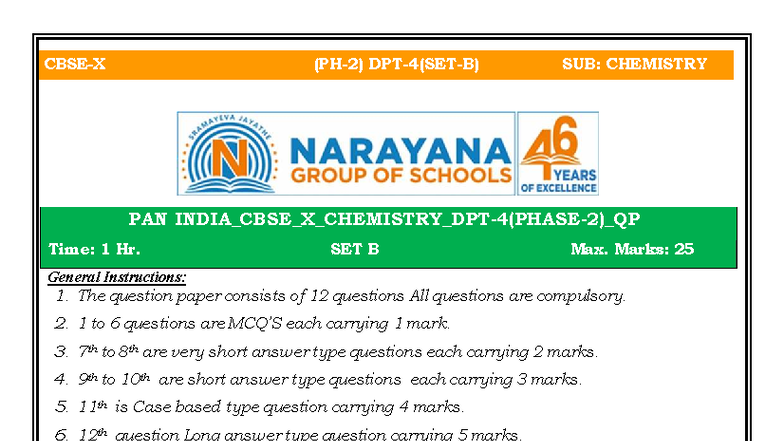 PAN India CBSE X CHE DPT-4 (PH-2) Chemistry Exam QP Set B - Studocu