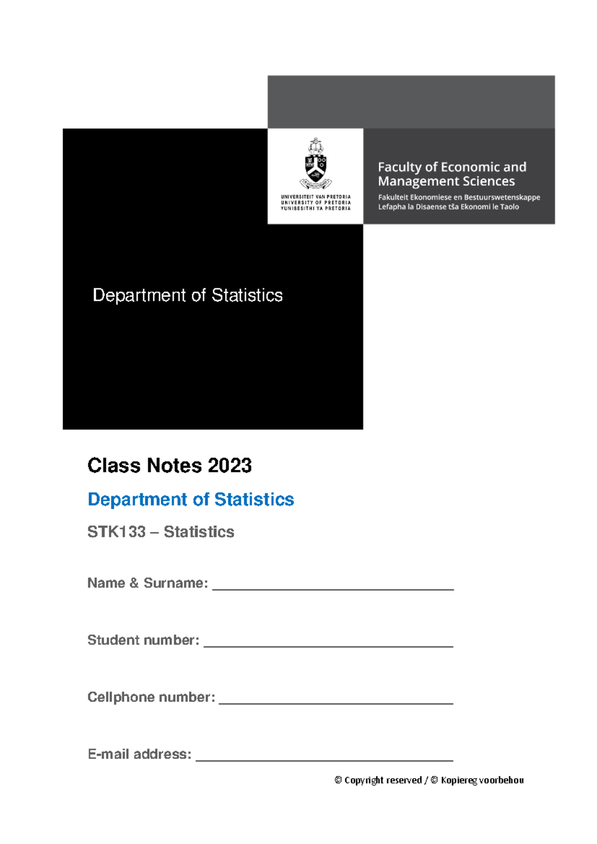 STK133 - Class Notes Book - 2023 - Class Notes 2023 Department of ...