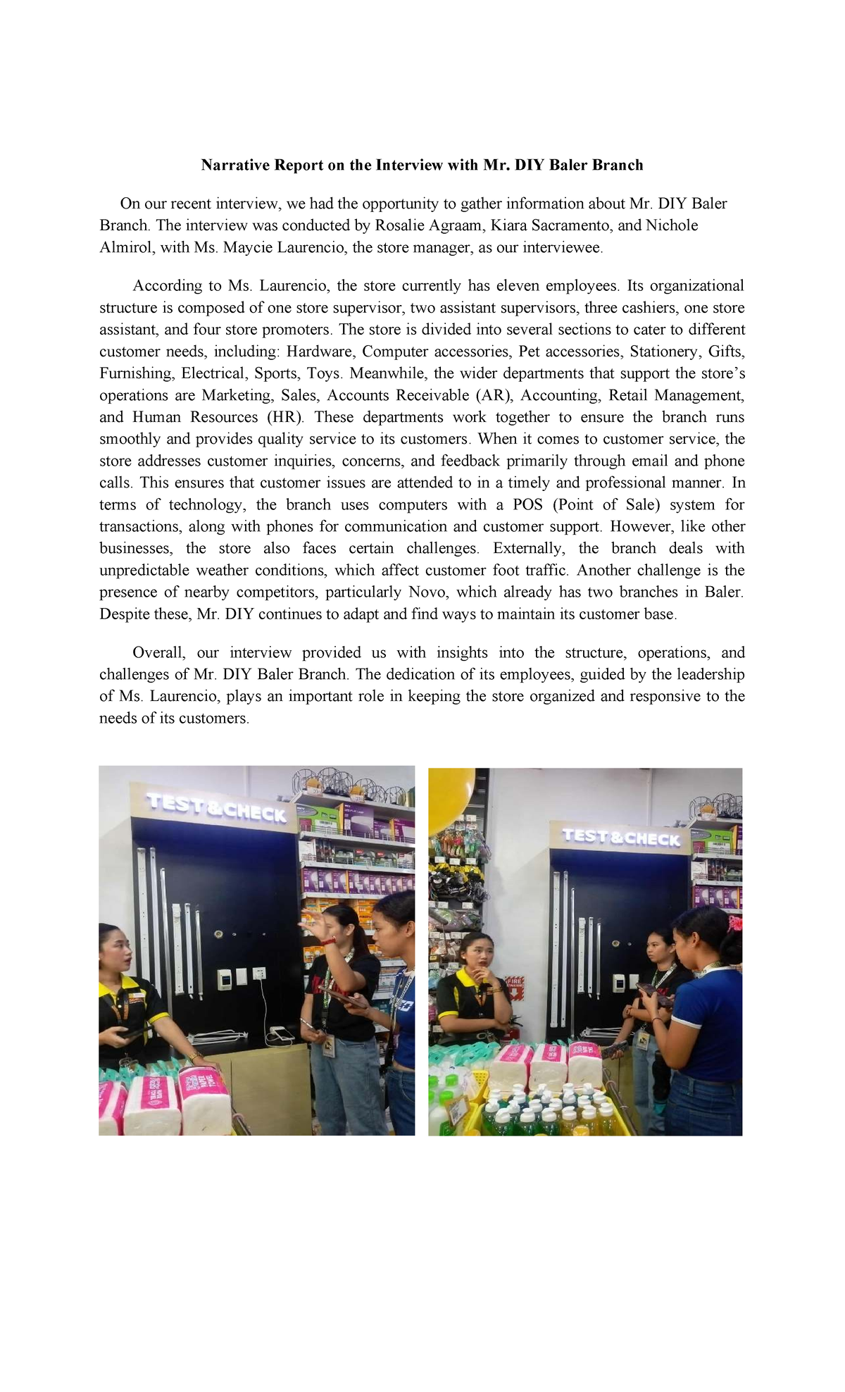 Narrative Report: Interview Insights on Mr. DIY Baler Branch - Studocu
