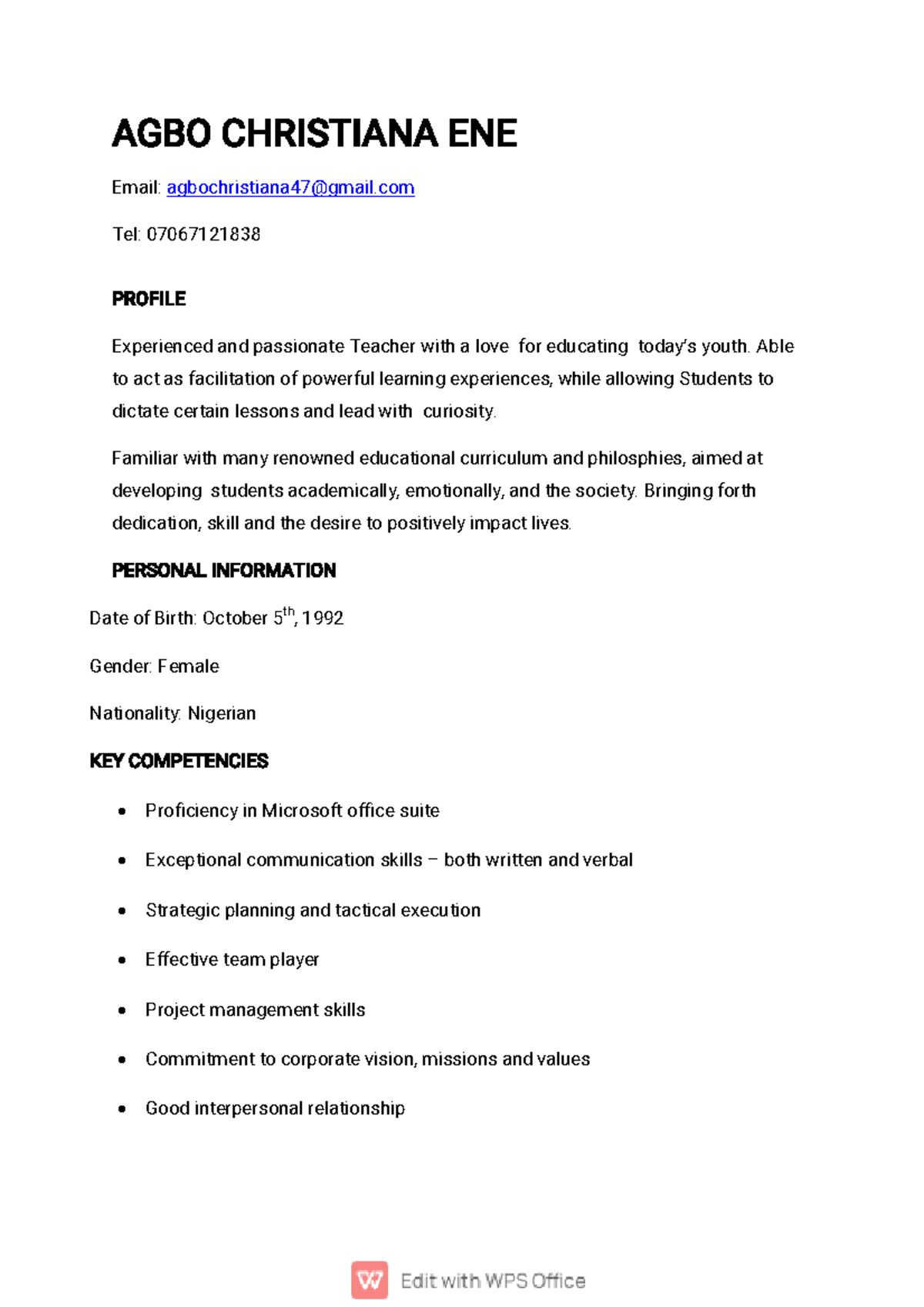 AGBO Christiana ENE CV - Mathematics Teacher & Education Background ...